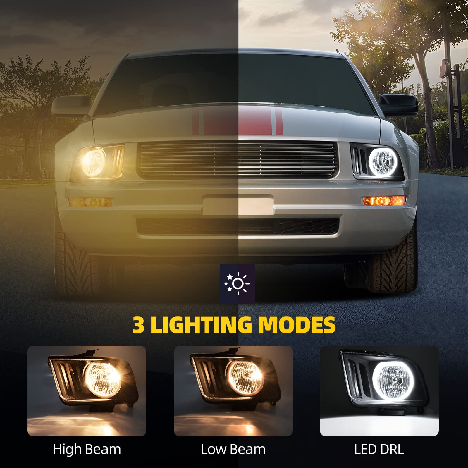 DWVO Headlight Aseembly Compatible with Ford Mustang 05 06 07 08 09 2005 2006 2007 2008 2009 Headlamp with Led DRL