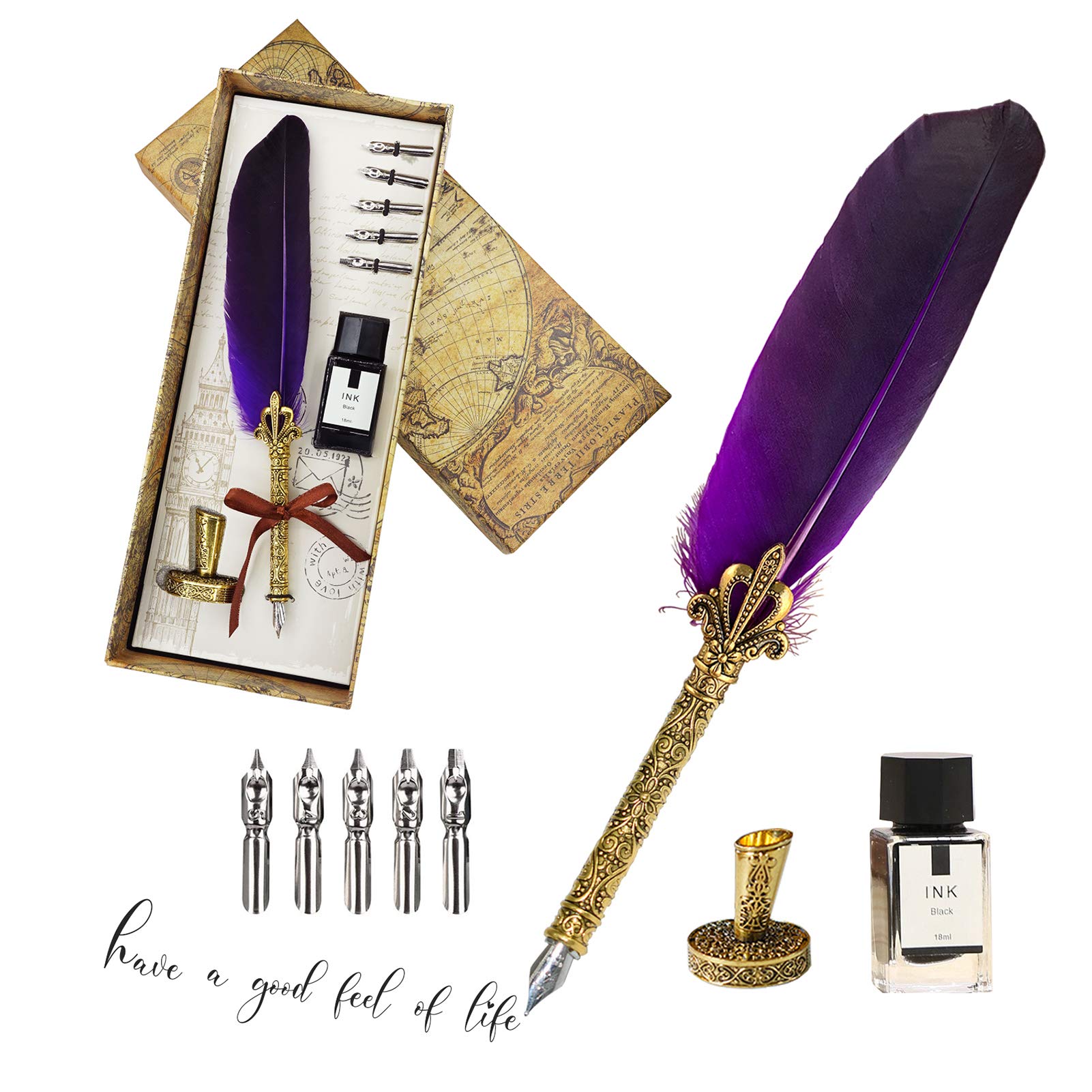 theFiu Quill Pen and Ink Set, Upgraded Fountain Pen for Writing, Calligraphy Set for Beginners, Handcrafted Feather Pen with a Stationery Set, Purple