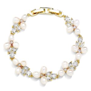 mariell freshwater pearl gold bridal bracelet, 6 5/8" plus 1/2" extender, wedding jewelry gift for women