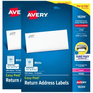 avery easy peel address labels, sure feed, permanent, white, 2/3" x 1-3/4", 2 pack, 1,200 labels total (32133)