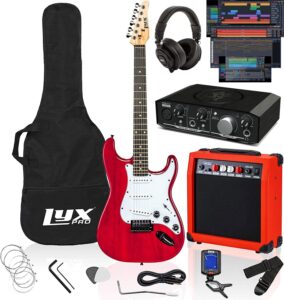 lyxpro full size electric guitar red with 20w amp package with mackie onyx artist 2-2 audio/midi interface with pro tools first/tracktion music production software kit with professional headphones