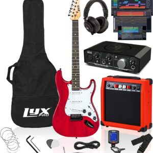 LyxPro Full Size Electric Guitar Red with 20w Amp Package With Mackie Onyx Artist 2-2 Audio/Midi interface With Pro Tools First/Tracktion Music Production Software Kit With Professional Headphones