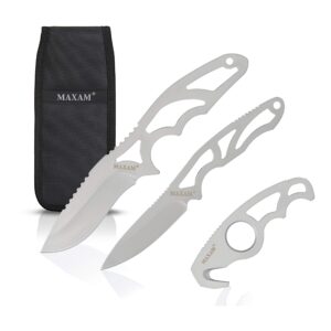 maxam 3-piece field dressing kit - 8" skinning knife, 6 3/4" caping knife, 5" gut hook knife, 1680d nylon sheath with storage pocket - stainless steel handles & blades