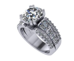 central diamond center sterling silver round & baguette engagement ring with a 9.00mm - 3.00ct round center stone - size 4.5