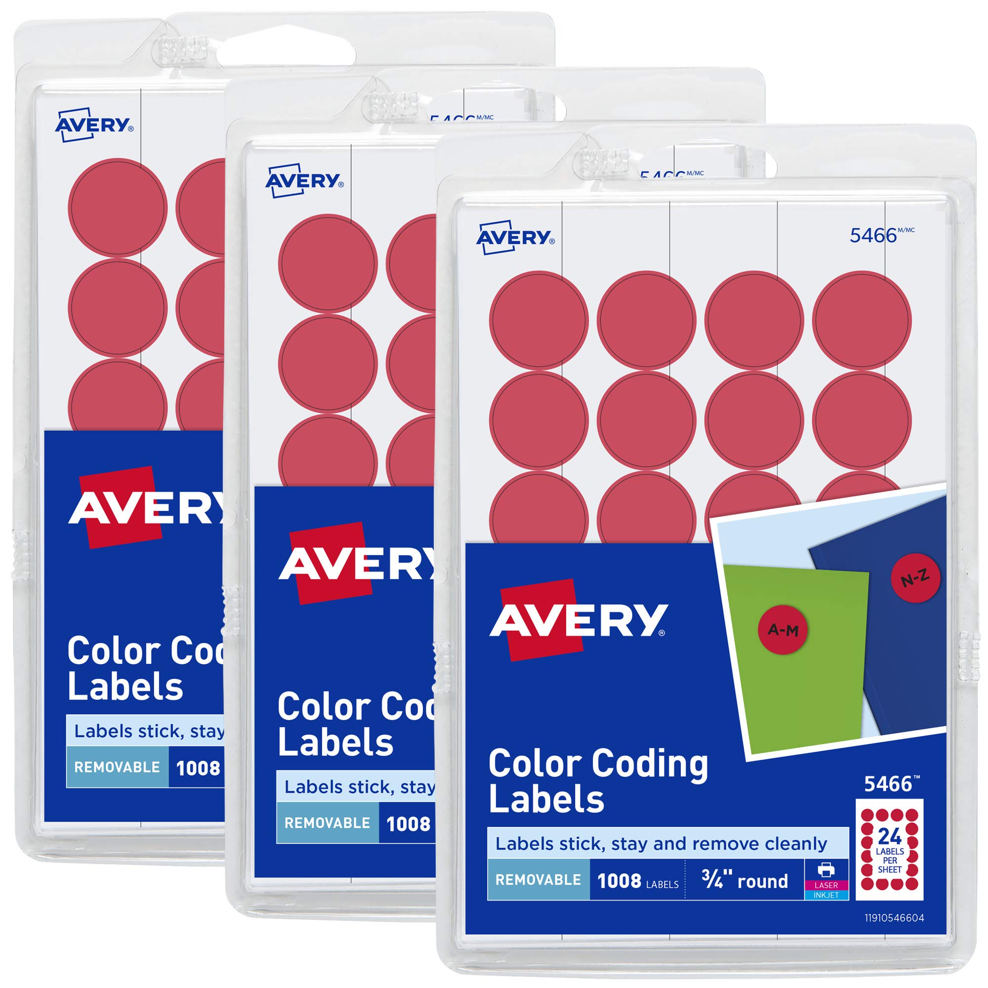 Avery Round Color Coding Labels, Removable Adhesive, Red, 0.75", 3 Pack, 3,024 Labels Total (32136)