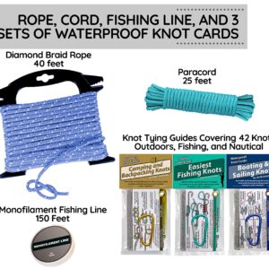 Deluxe Knot Tying Kit with Rope, Cord, Fishing Line, and 3 Knot Tying Guides (Outdoors, Fishing, Boating) - Learn How to Tie 42 Knots