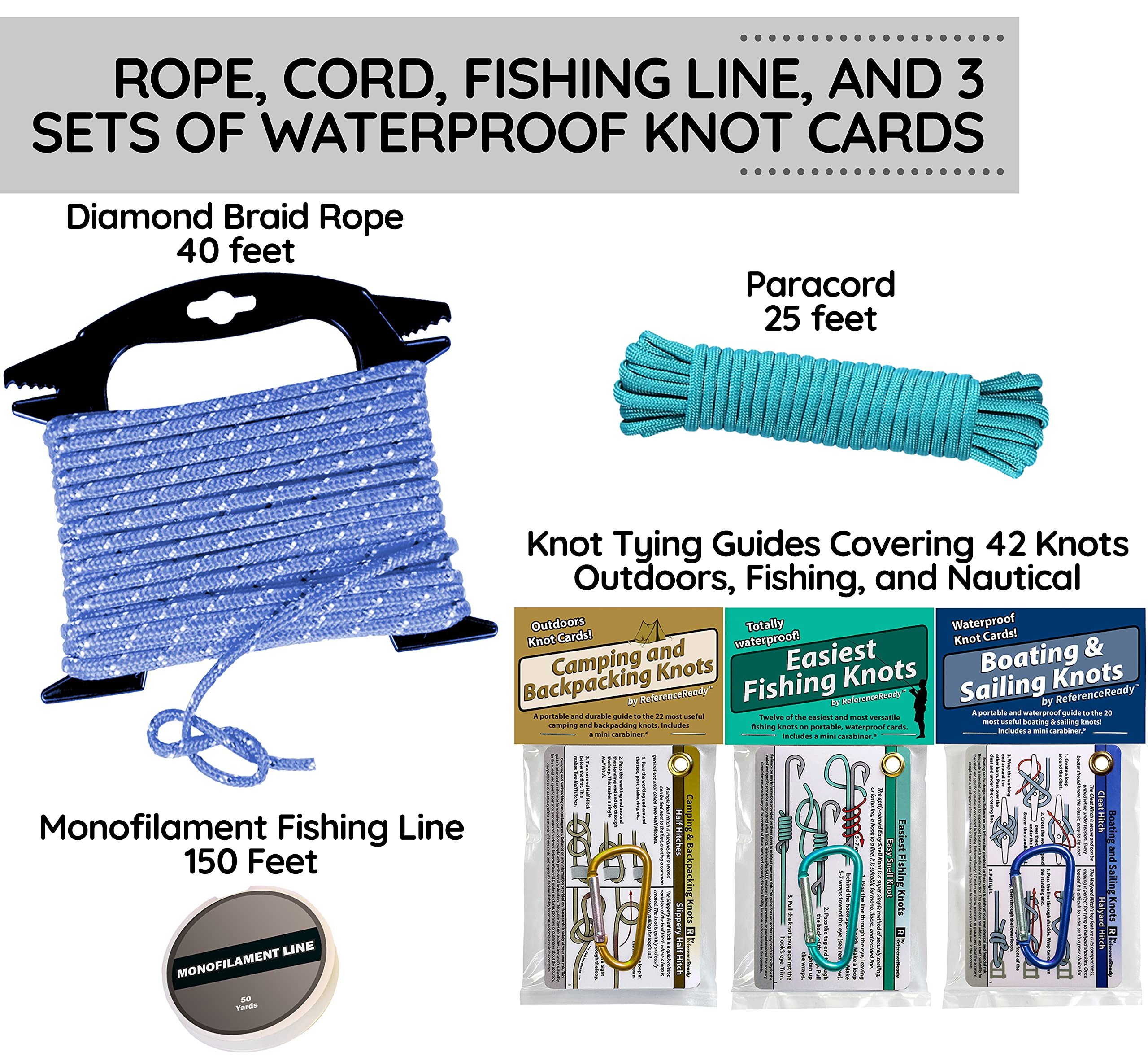 Deluxe Knot Tying Kit with Rope, Cord, Fishing Line, and 3 Knot Tying Guides (Outdoors, Fishing, Boating) - Learn How to Tie 42 Knots