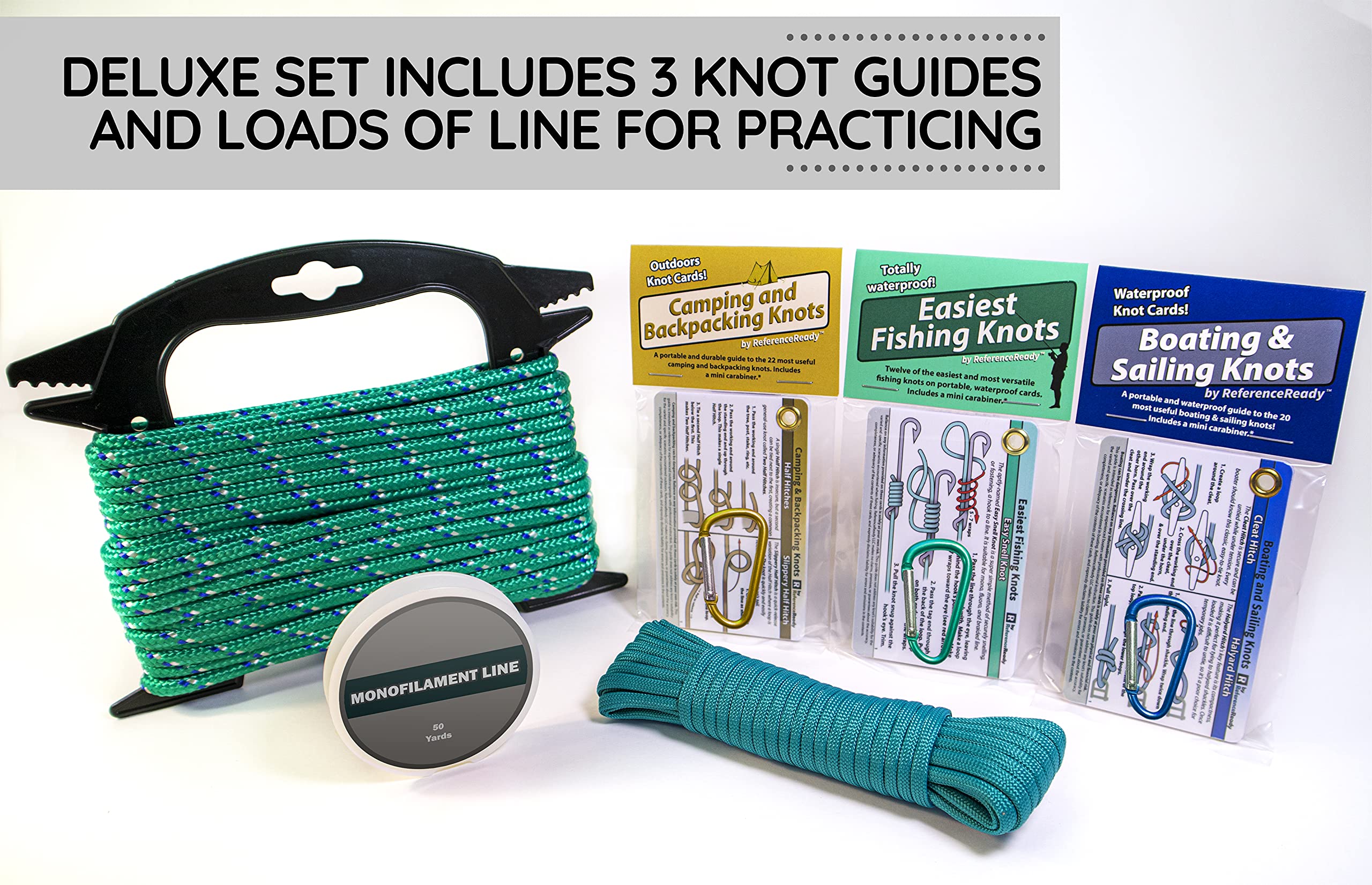 Deluxe Knot Tying Kit with Rope, Cord, Fishing Line, and 3 Knot Tying Guides (Outdoors, Fishing, Boating) - Learn How to Tie 42 Knots