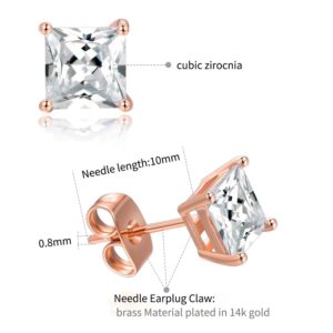 5 Pairs Stud Earrings 14K Rose Gold Plated Square Cut Clear Cubic Zirconia Hypoallergenic Earrings for Women and Men Pack of 5 Pairs 3-7 mm