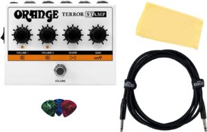 orange terror stamp guitar amplifier pedal bundle with instrument cable, fender picks, and austin bazaar polishing cloth