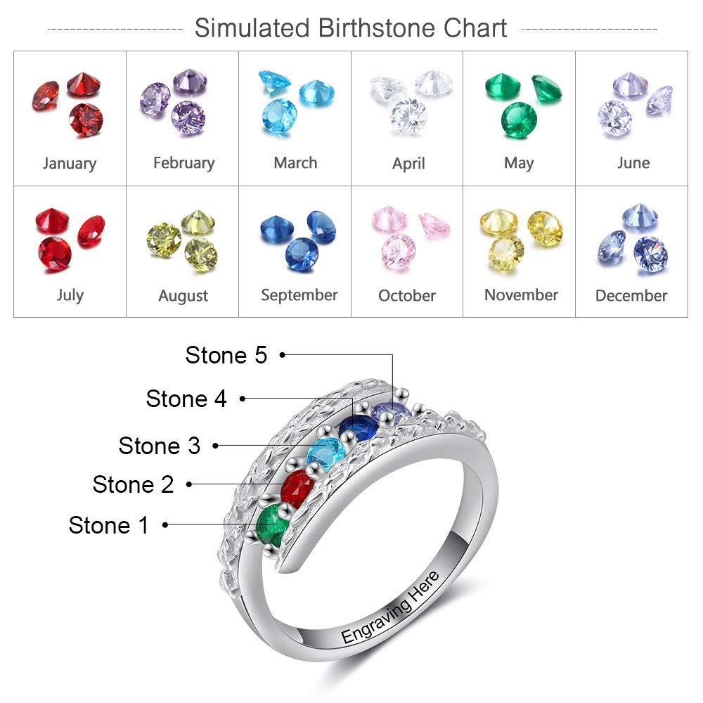 JewelOra Personalized Family Mothers Rings with 5 Simulated Birthstones Customized Name Rings for Women Engraved Name Anniversary Rings for Grandma(5 Stones,9)