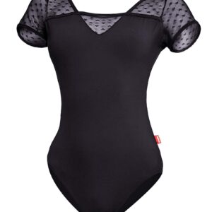 Daydance Black Dance Leotards for Women, Short Sleeve Lace Spandex Ballet Outfits with V Neck