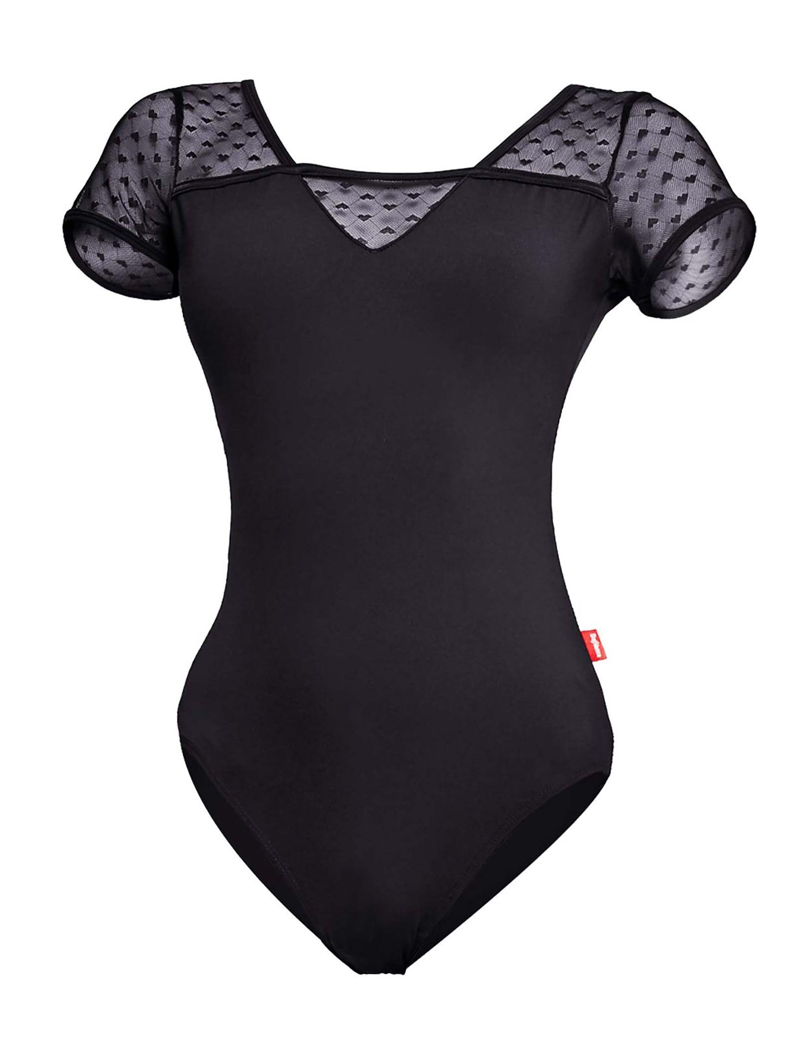 Daydance Black Dance Leotards for Women, Short Sleeve Lace Spandex Ballet Outfits with V Neck