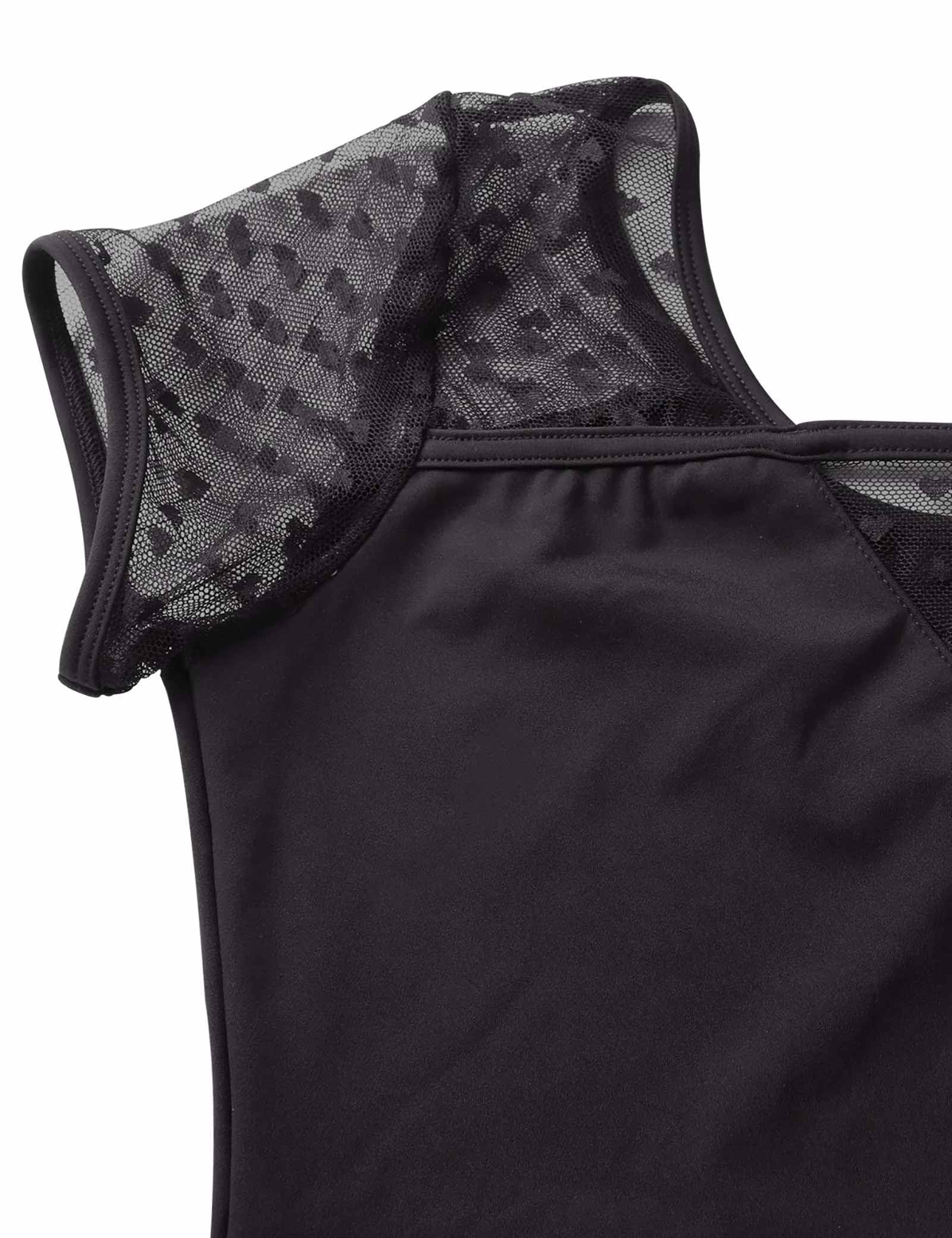 Daydance Black Dance Leotards for Women, Short Sleeve Lace Spandex Ballet Outfits with V Neck