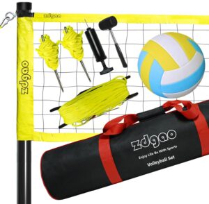 outdoor portable volleyball net system - adjustable height poles with soft volleyball ball, pump, hammer, boundary line, and carry bag for backyard, beach, lawn