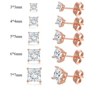 5 Pairs Stud Earrings 14K Rose Gold Plated Square Cut Clear Cubic Zirconia Hypoallergenic Earrings for Women and Men Pack of 5 Pairs 3-7 mm