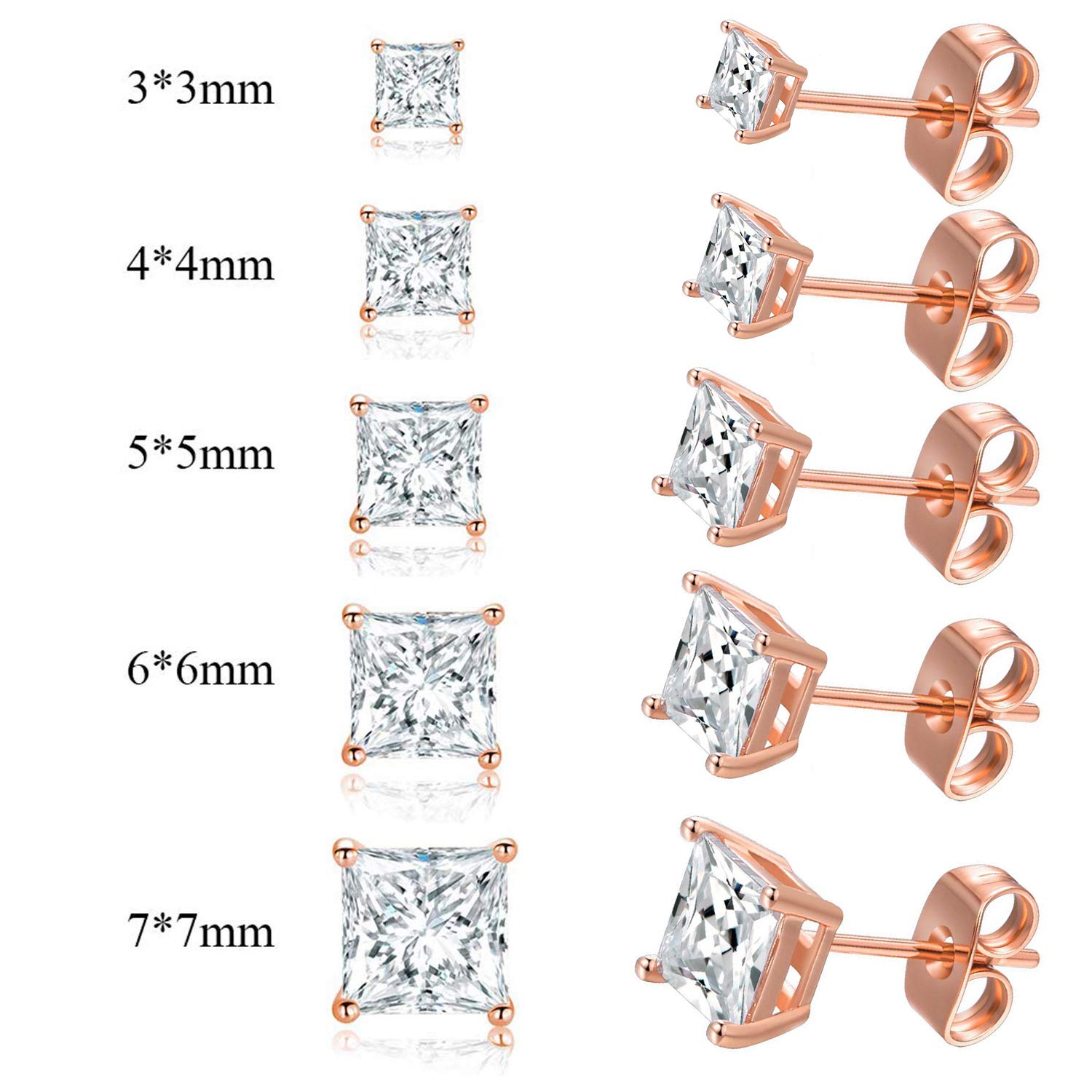 5 Pairs Stud Earrings 14K Rose Gold Plated Square Cut Clear Cubic Zirconia Hypoallergenic Earrings for Women and Men Pack of 5 Pairs 3-7 mm