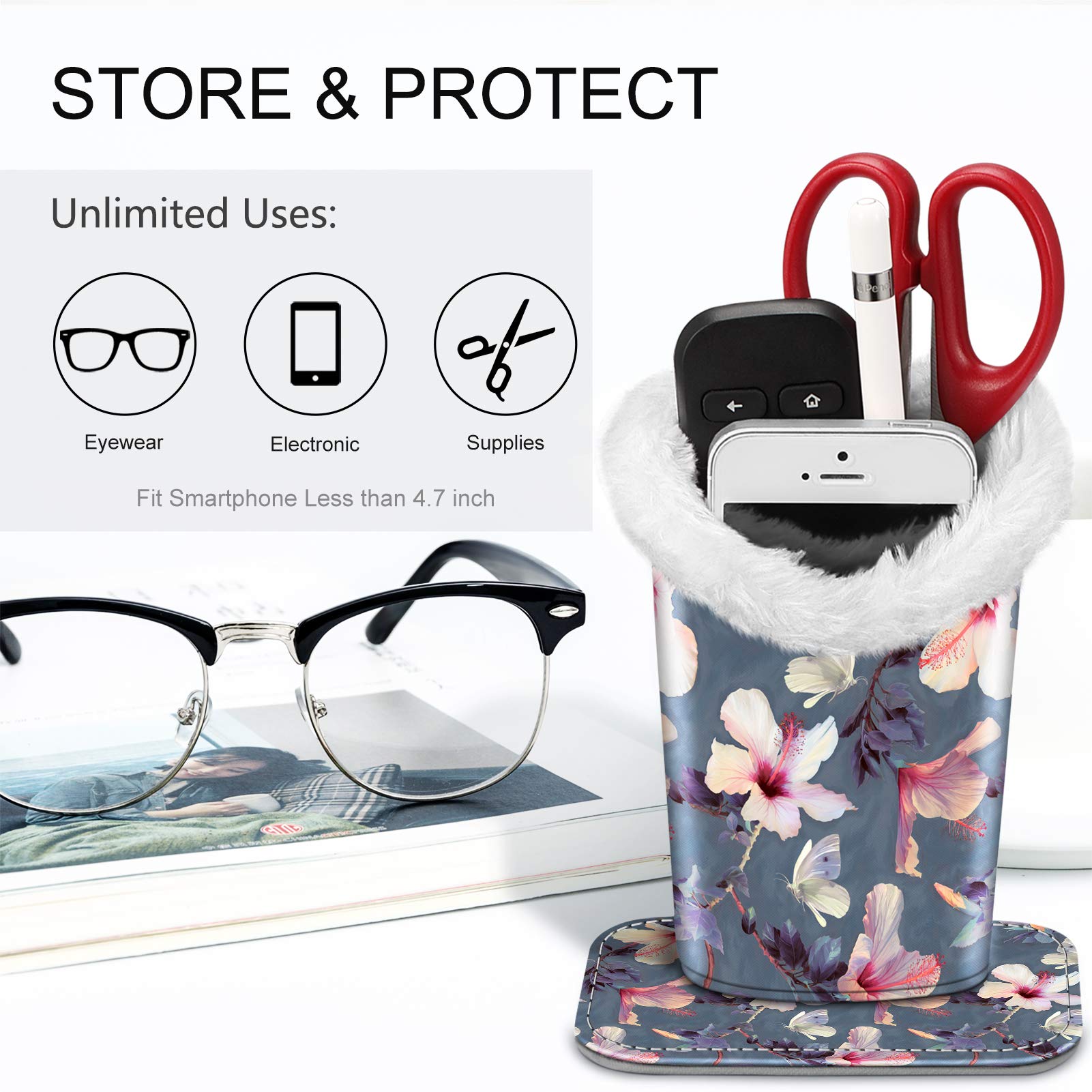 Fintie Plush Lined Eyeglasses Holder with Magnetic Base- Premium Vegan Leather Glasses Stand Case, Blooming Hibiscus