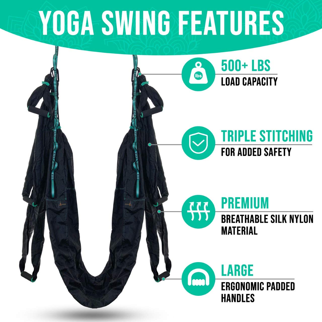 YOGA SWING PRO Premium Aerial Hammock Anti Gravity Yoga Swing Kit with Pack of 2 Heavy Duty Ceiling Hooks - Acrobat Flying Sling Set for Indoor and Outdoor Inversion Therapy