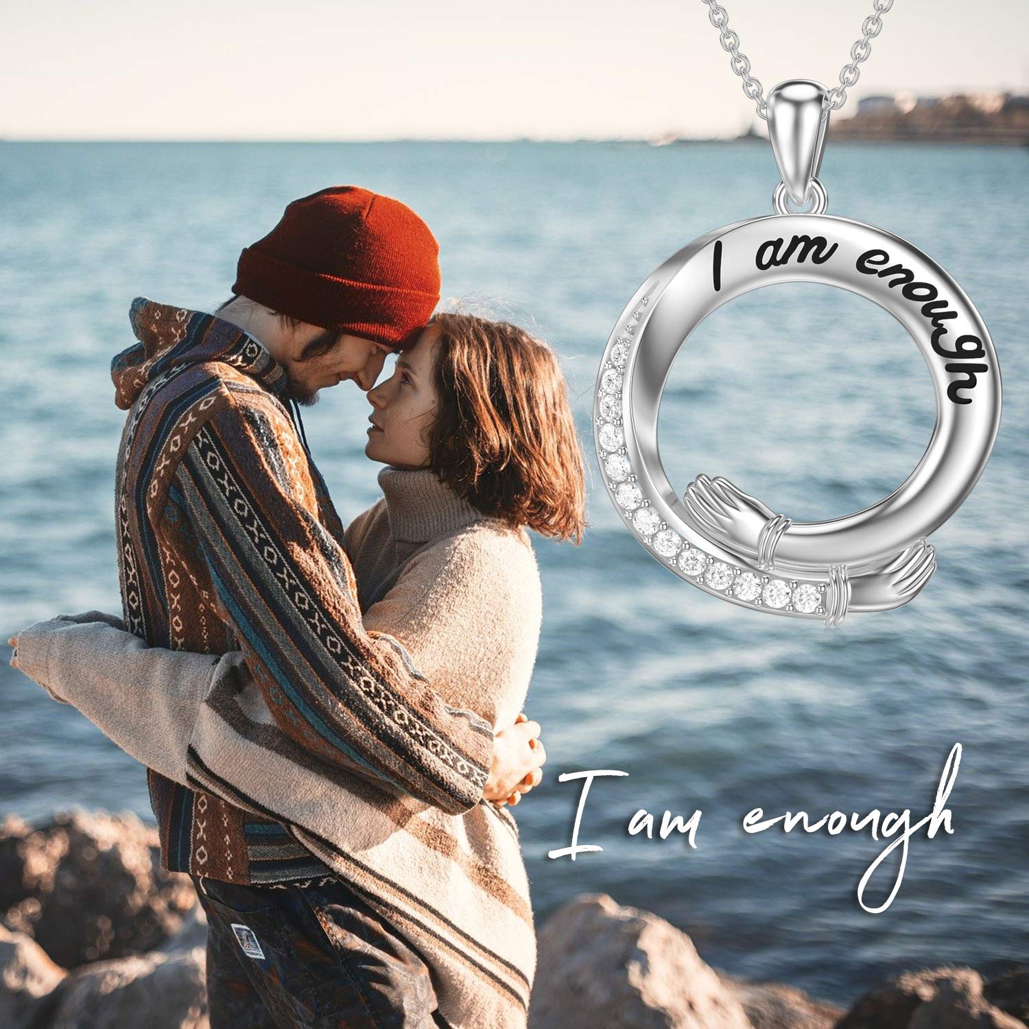 SIMONLY I Am Enough Necklace Sterling Silver Hug Inspirational Necklaces for Her Recovery Motivation Jewelry for Her