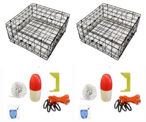 2-pack of kufa vinyl coated crab traps & accessory kits including 100' rope, caliper, harness, bait bag & red/white float (5"x11" float, 5/16" non-lead sinking line)