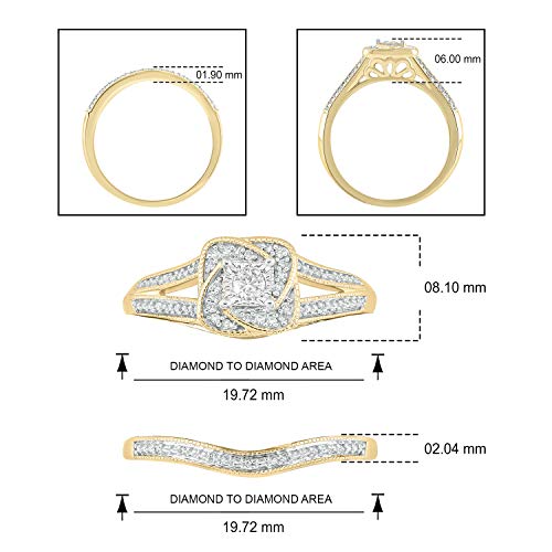 Cali Trove Diamond Illusion Set & Twisted Halo Wedding Ring Set for Women with Diamond Curved Half Eternity Band (Yellow Gold Plated Silver) | 1/5cttw Real White Diamond Ring for her | Gift for her