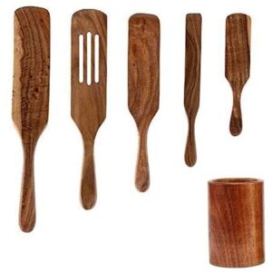 jinxiao wood spurtles kitchen tools set with holders,5 pcs natural teak wooden utensils for non stick cookware and instant pot for steak,salad,butter.