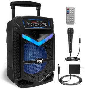 pyle portable bluetooth pa speaker system - 1200w rechargeable outdoor bluetooth speaker portable pa system w/ 15” subwoofer 1” tweeter, recording function mic in party lights usb/sd radio pphp1542b