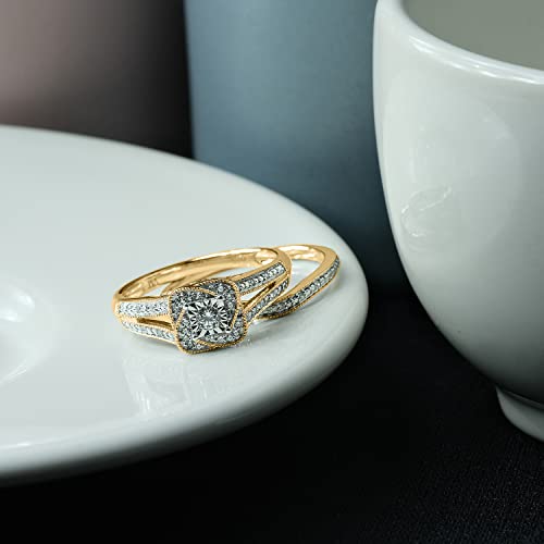 Cali Trove Diamond Illusion Set & Twisted Halo Wedding Ring Set for Women with Diamond Curved Half Eternity Band (Yellow Gold Plated Silver) | 1/5cttw Real White Diamond Ring for her | Gift for her