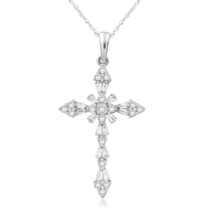 jewelili cross necklace pendant in 10k white and yellow gold with 1/2 cttw natural white round and baguette diamonds 18" rope chain