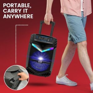 Pyle Portable Bluetooth PA Speaker System - 1200W Rechargeable Outdoor Bluetooth Speaker Portable PA System w/ 15” Subwoofer 1” Tweeter, Recording Function Mic In Party Lights USB/SD Radio PPHP1542B