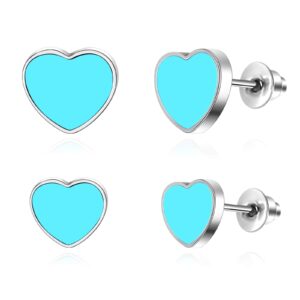 blue enamel heart earrings for women - love heart women stud earrings | silver-tone stainless steel lightweight stud earrings