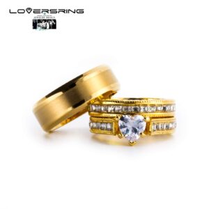 LOVERSRING 3pc Couple Ring Bridal Sets Women 14k Yellow Gold Plated Cz Man Tungsten Carbide Band Wedding Ring Sets for Him and Her