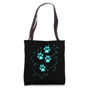 turquoise hearts with paws of a dog or cat tote bag