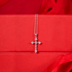 Jewelili Cross Necklace Pendant in 10K White and Yellow Gold with 1/2 CTTW Natural White Round and Baguette Diamonds 18" Rope Chain