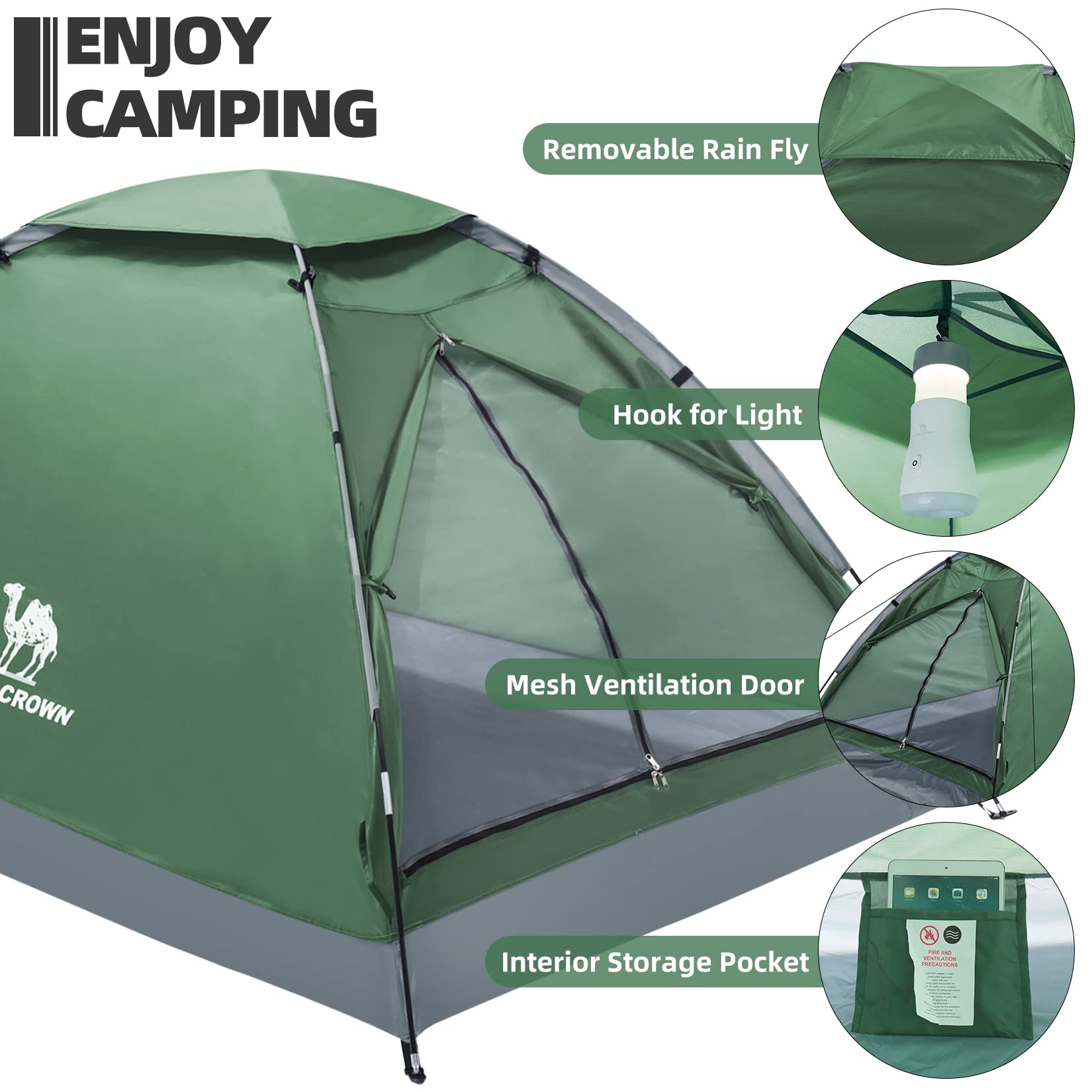 CAMEL CROWN 2 Person Camping Tent with Removable Rain fly, Easy Setup Outdoor Tents Water Resistant Lightweight Portable for Family Backpacking Camping Hiking Traveling (Army green-2person)