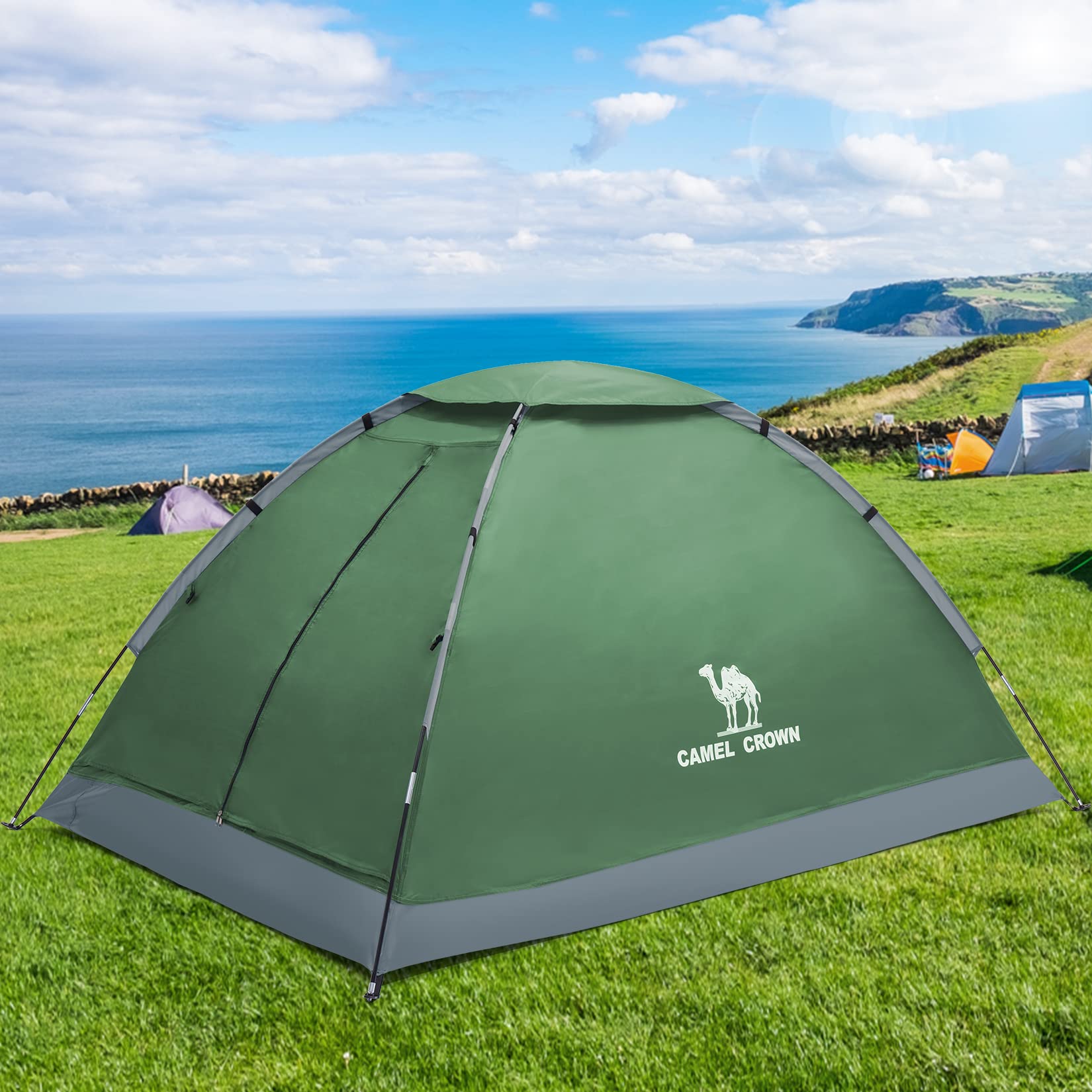 CAMEL CROWN 2 Person Camping Tent with Removable Rain fly, Easy Setup Outdoor Tents Water Resistant Lightweight Portable for Family Backpacking Camping Hiking Traveling (Army green-2person)