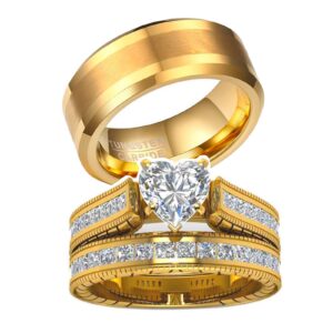 loversring 3pc couple ring bridal sets women 14k yellow gold plated cz man tungsten carbide band wedding ring sets for him and her