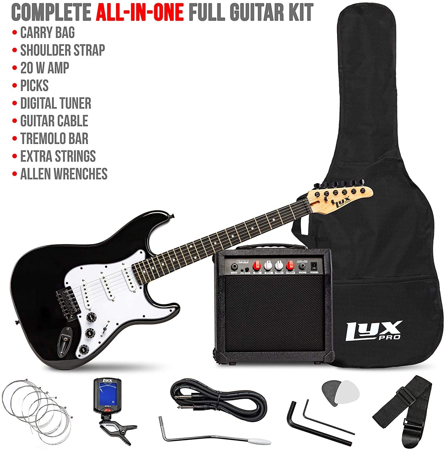 LyxPro Full Size Electric Guitar Black with 20w Amp Package, Mackie Onyx Artist 2-2 Audio/Midi interface With Pro Tools First/Tracktion Music Production Software Kit With Professional Headphones