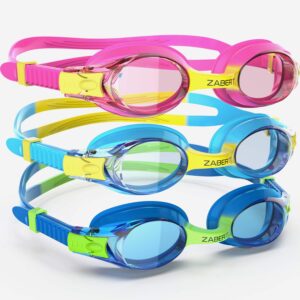 zabert k20 swimming goggles for kids toddler youth girls boys junior jr childrens child little age 3 4 5 6 7 8 9 10 11 12 13 14 years anti fog blue yellow green pink clear, 3 pack