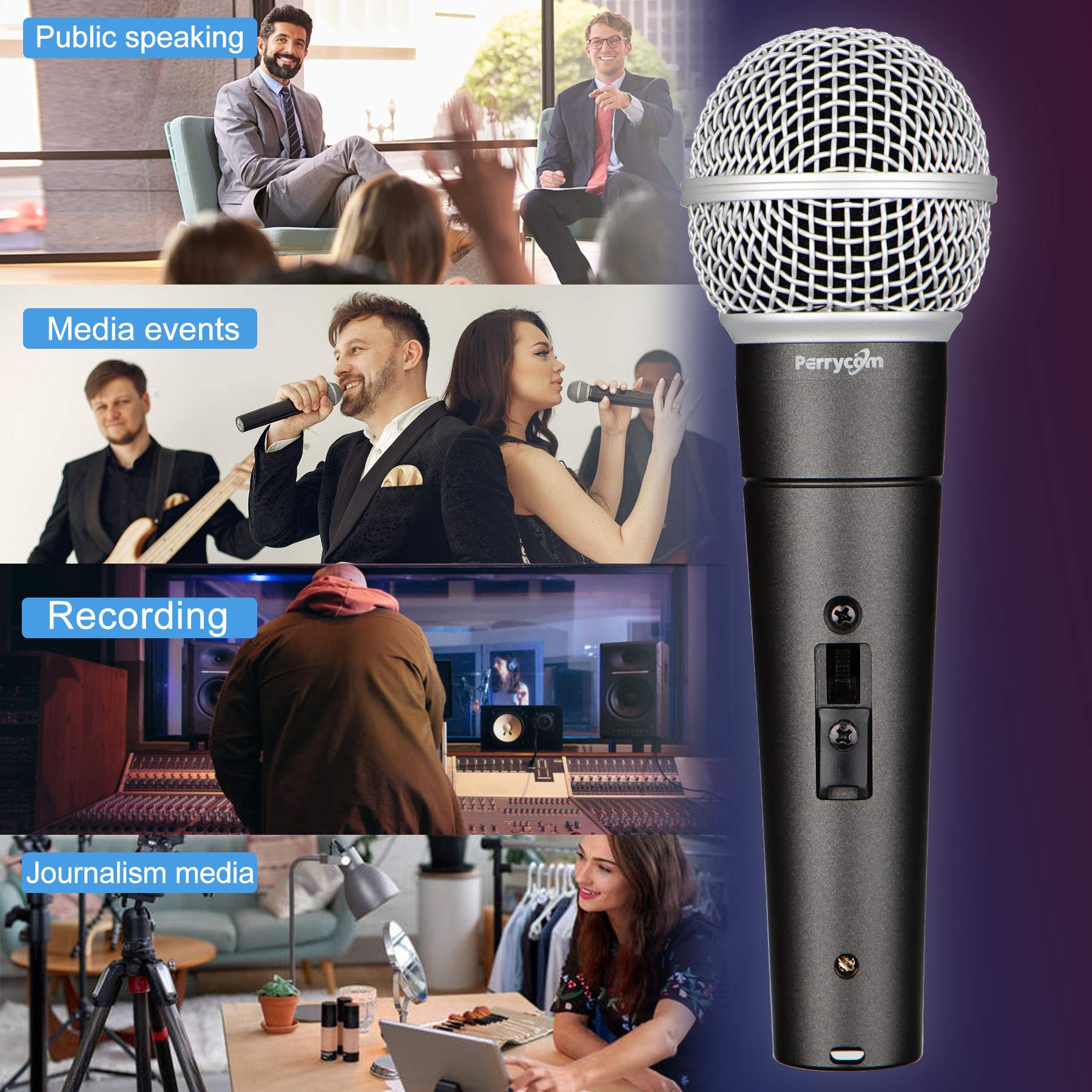 Perrycom Professional Dynamic Vocal Microphone with On and Off Switch, Cardioid Handheld Metal Mic for Singing, Compatible with AMP/Speaker/Mixer,Black Clip,XLR Gold-Plating Conn(TM58S)