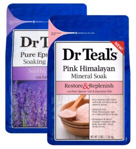 dr. teal's pure epsom salt soaking solution gift set (2 pack, 3lbs ea.) - soothe & sleep lavender, restore & replenish with pink himalayan salt - essential oils relieve stress & promote better sleep