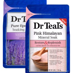 Dr. Teal's Pure Epsom Salt Soaking Solution Gift Set (2 Pack, 3lbs ea.) - Soothe & Sleep Lavender, Restore & Replenish with Pink Himalayan Salt - Essential Oils Relieve Stress & Promote Better Sleep