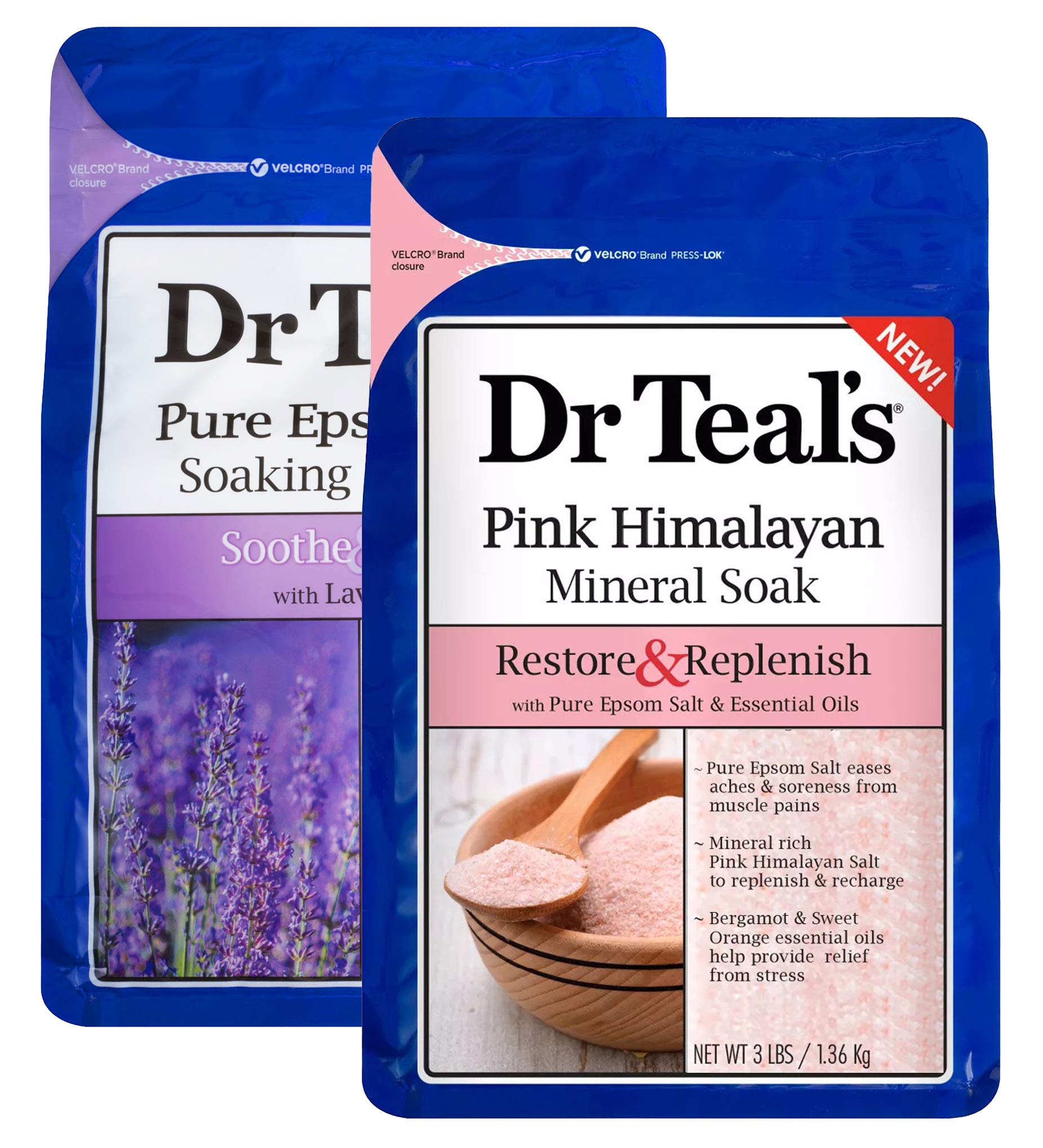 Dr. Teal's Pure Epsom Salt Soaking Solution Gift Set (2 Pack, 3lbs ea.) - Soothe & Sleep Lavender, Restore & Replenish with Pink Himalayan Salt - Essential Oils Relieve Stress & Promote Better Sleep