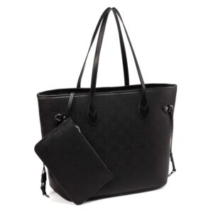 daisy rose tote shoulder travel bag & matching clutch pu vegan leather - black check