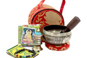 khusi tibetan singing bowls, spiritual gift set. including 7 chakra bracelet, prayer beads rudhrachya mala, buddhist prayer flag & prayer wheel.