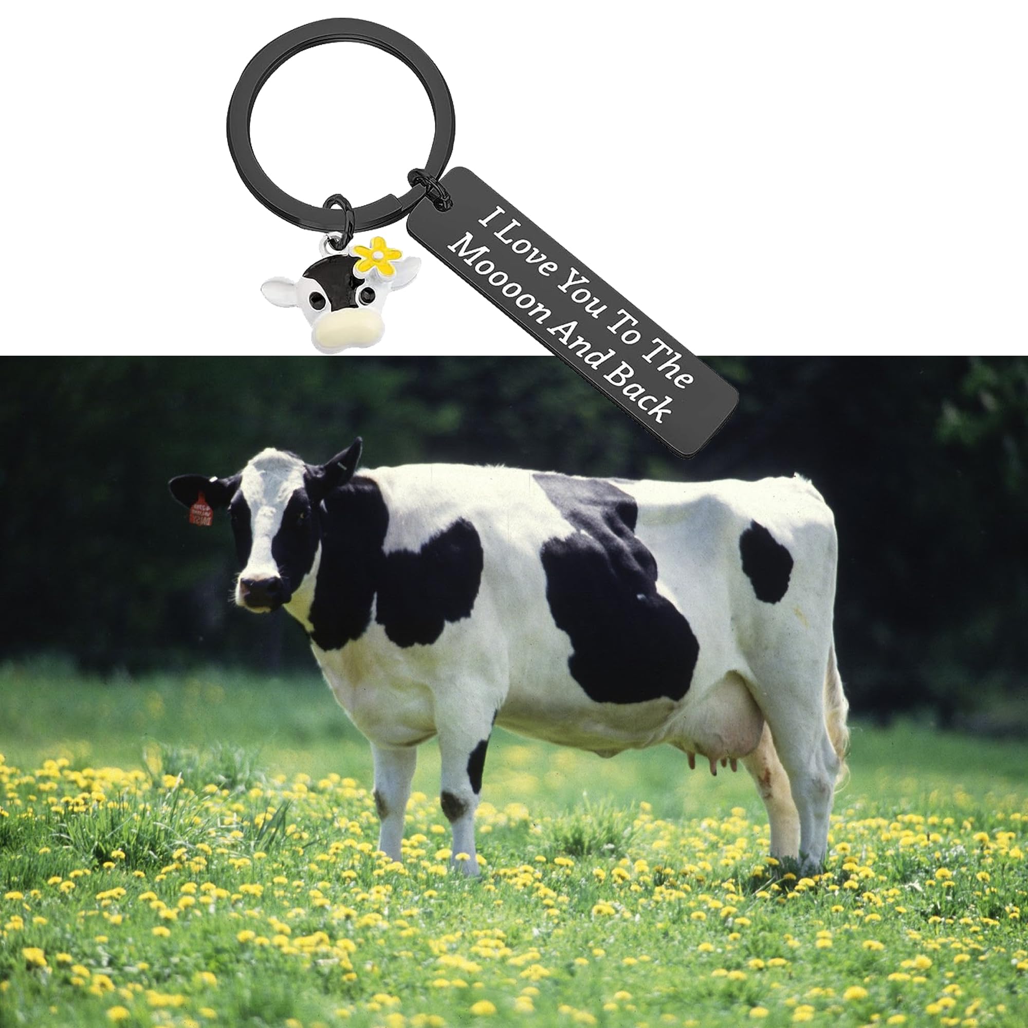 BAUNA Cute Cow Keychain Cow Lover Jewelry I Love You To The Moooon And Back Farm Animal Lover Gifts For Farmers Best Friend (Cow Black Keychain)