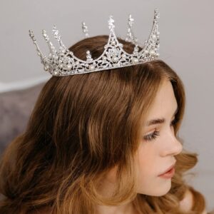 AW BRIDAL Crown for Women Queen Crown - Princess Crown Pearl Wedding Tiara Headpieces for Halloween Costume Party Prom Quinceanera Birthday Christmas Hair Accessories, Silver