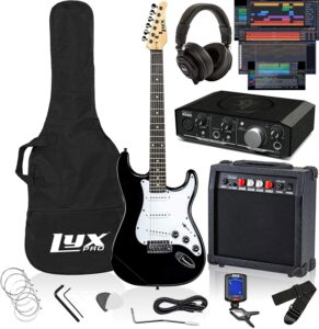 lyxpro full size electric guitar black with 20w amp package, mackie onyx artist 2-2 audio/midi interface with pro tools first/tracktion music production software kit with professional headphones