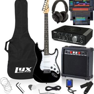 LyxPro Full Size Electric Guitar Black with 20w Amp Package, Mackie Onyx Artist 2-2 Audio/Midi interface With Pro Tools First/Tracktion Music Production Software Kit With Professional Headphones